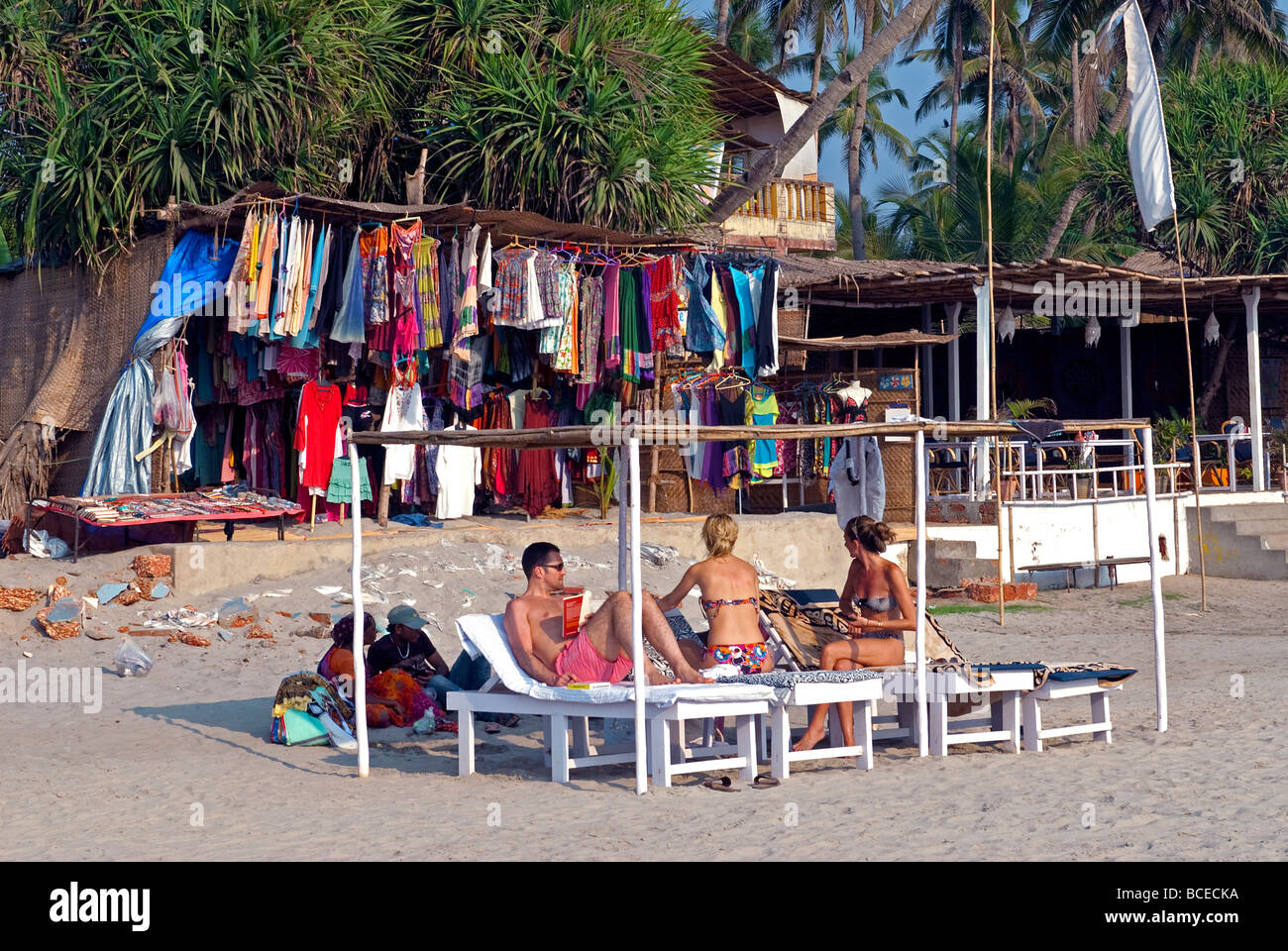 India, Goa, Morjim Beach. Sun loungers and stalls Stock Photo - Alamy