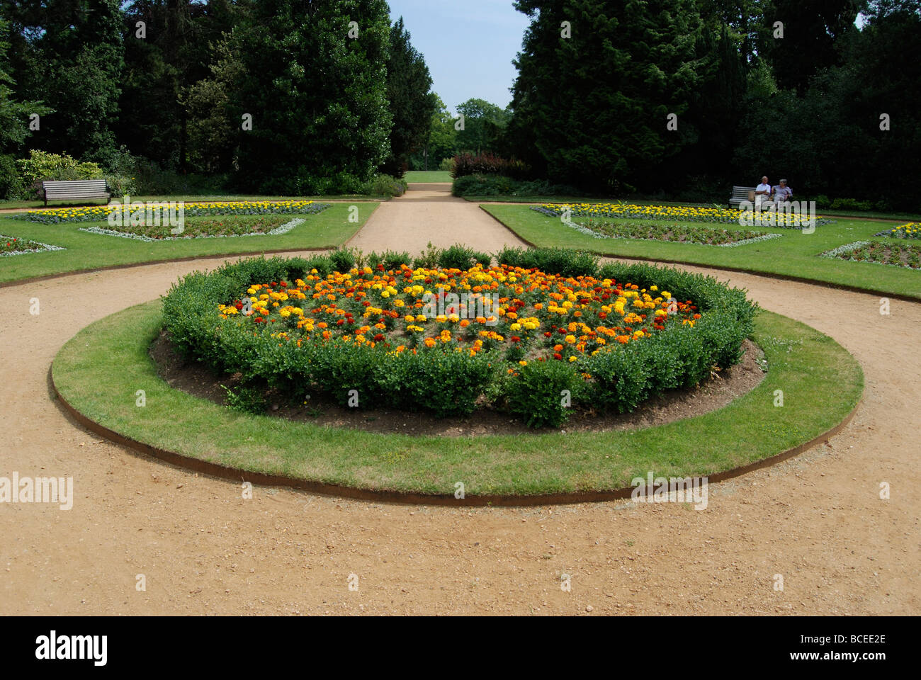 The flower beds in the formal gardens in the grounds of the ruined ...