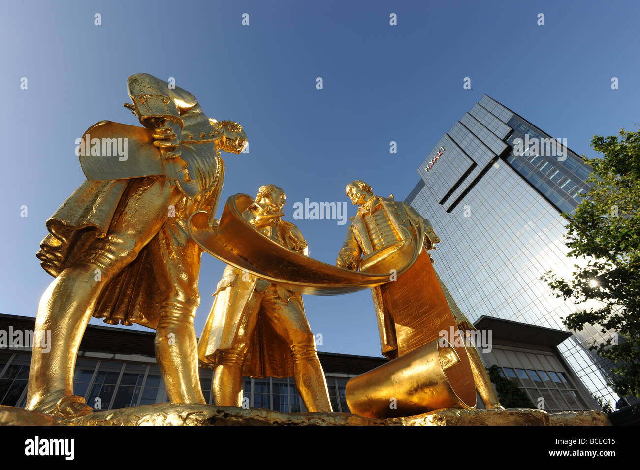 Statue of the golden boys of Birmingham LtoR Matthew Boulton James Watt ...