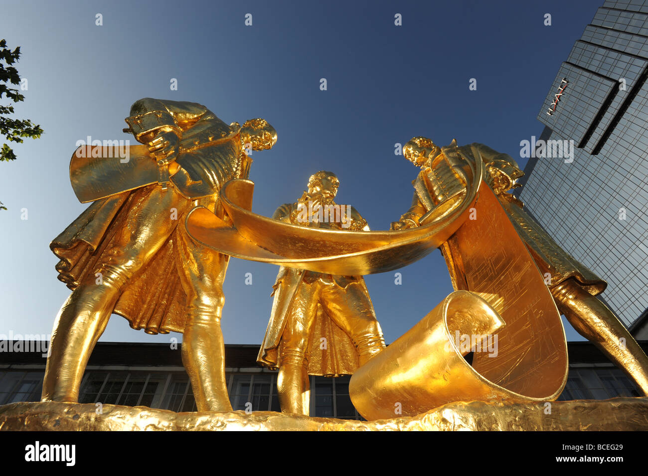 Statue of the golden boys of Birmingham LtoR Matthew Boulton James Watt ...