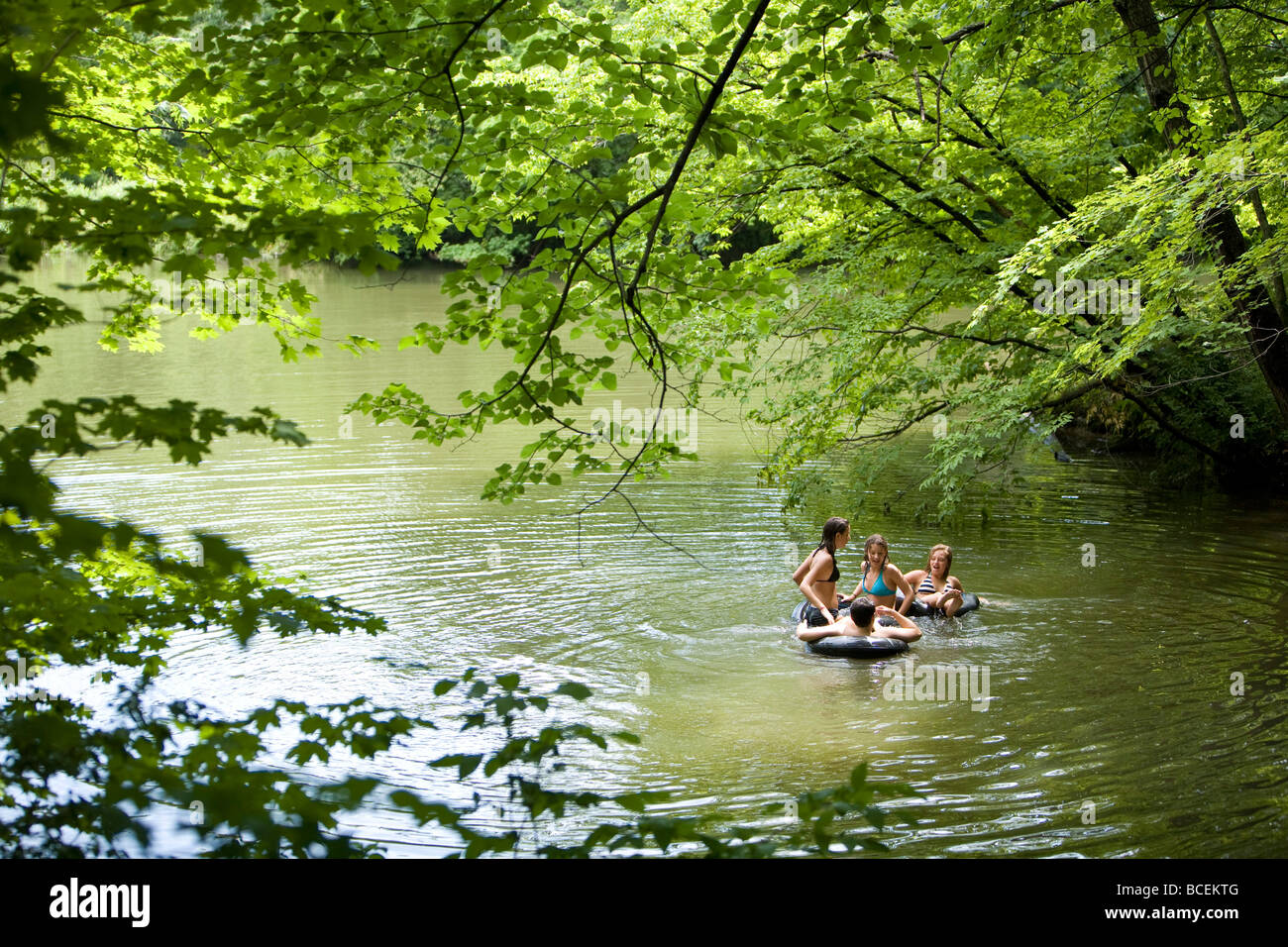 Teenagers floating on innertubes near a wooded area Stock Photo - Alamy