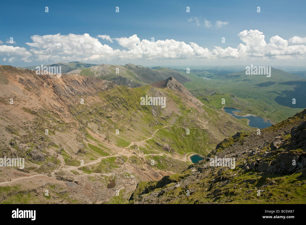 View from the ridge leading to the summit of Snowdon looking down the ...