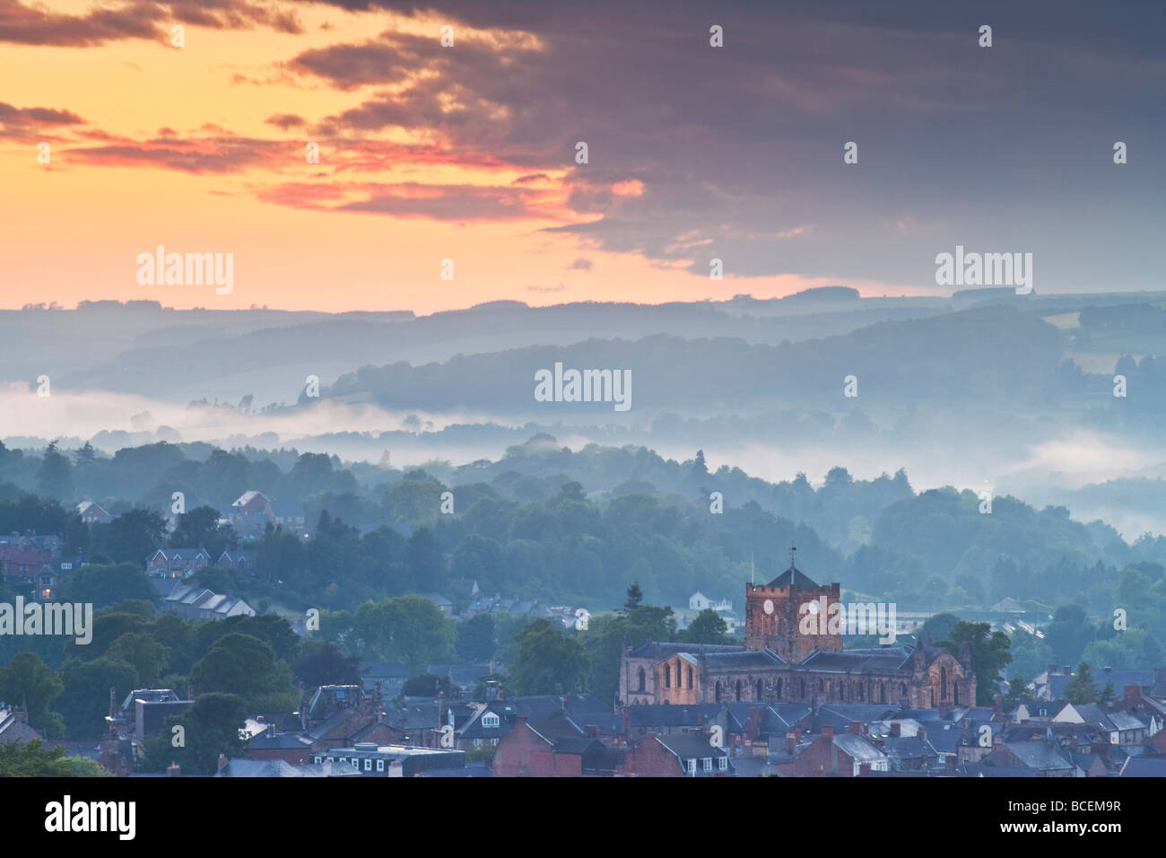 Hexham Abbey floodlit and dominating the town that surrounds it on a ...