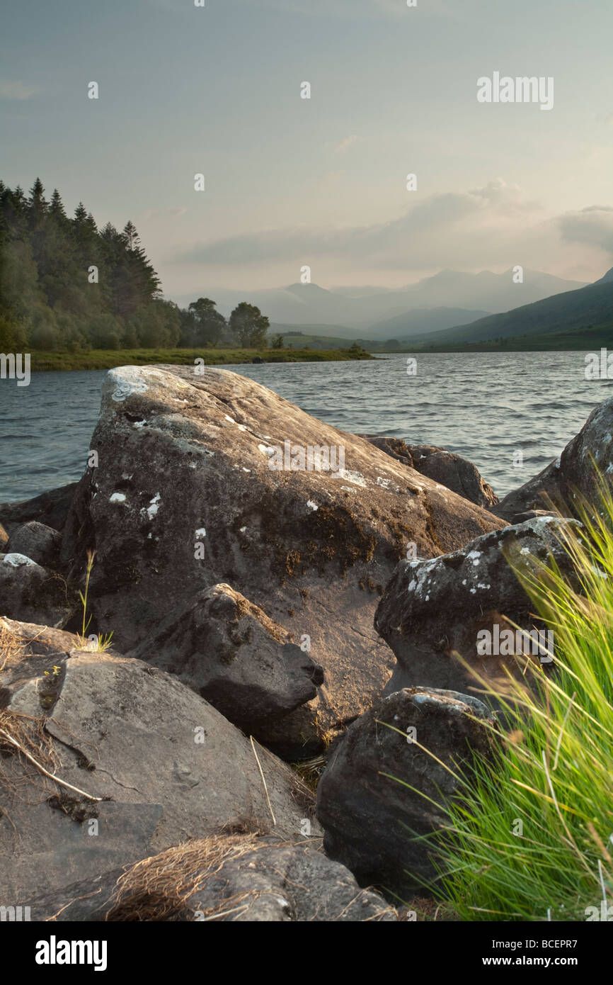Llynnau Mymbur at Capel Curig with the Snowdon mountain range in the ...