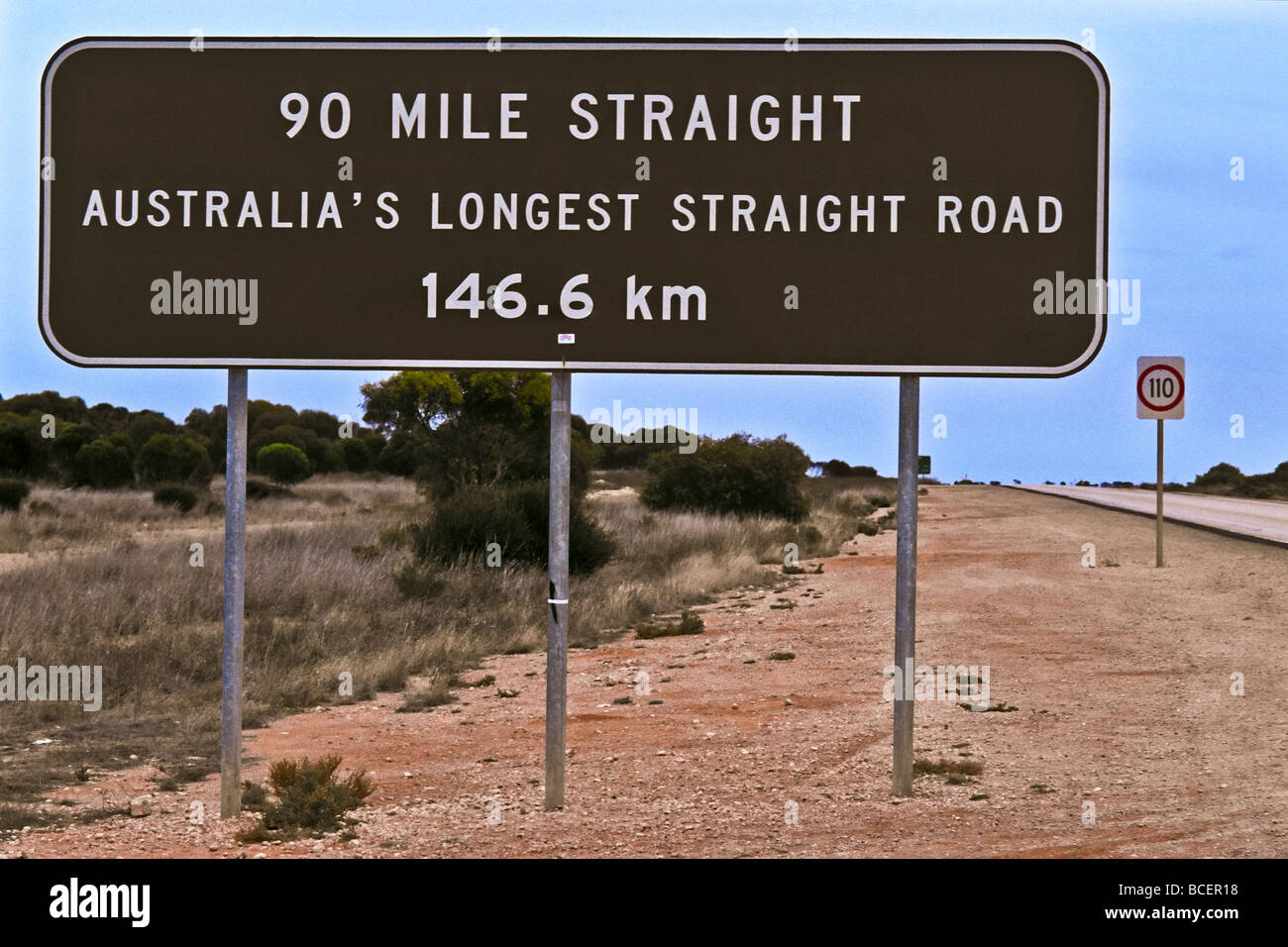 A roadside sign on the Nullarbor Plain indicates a straight road ahead ...