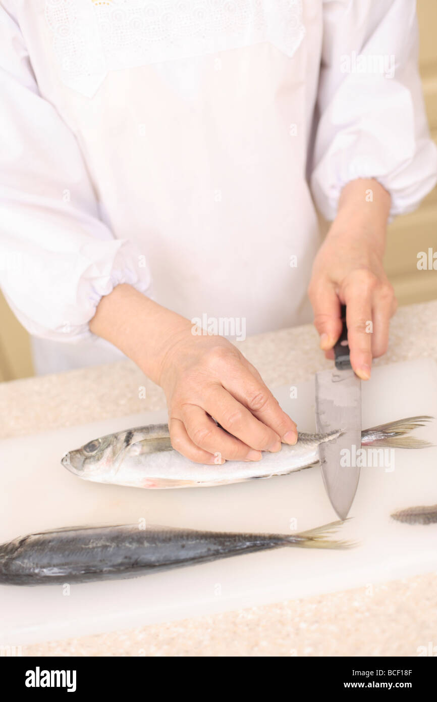 Human Hand cutting fish Stock Photo - Alamy