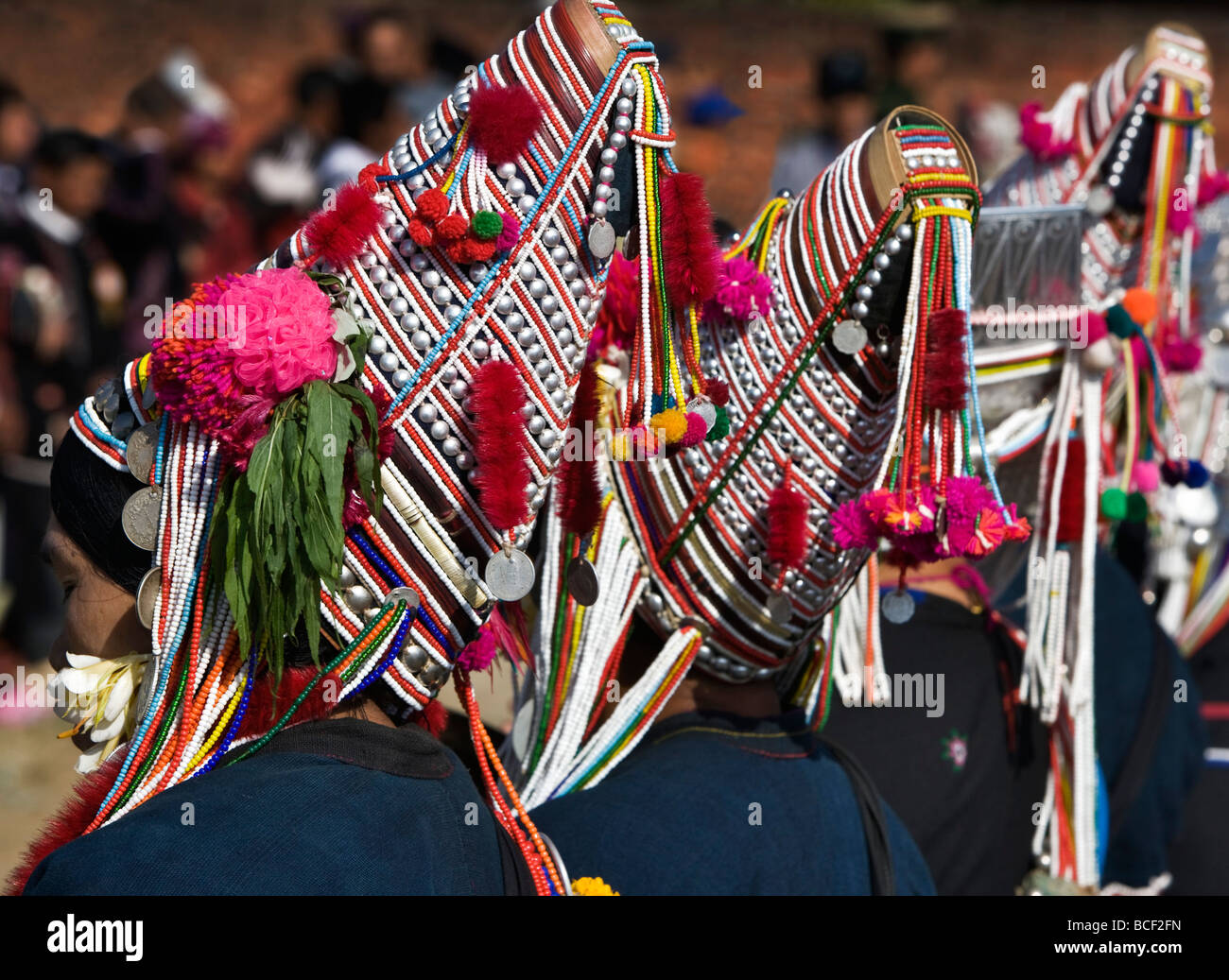 Myanmar, Burma, Kengtung. A group of Aijo Akha women wearing ...