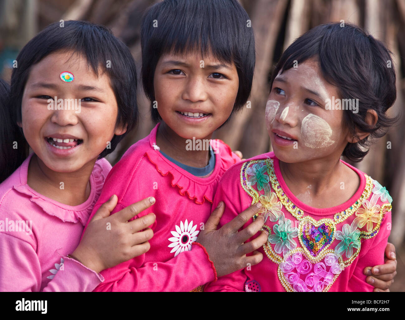 Myanmar, Burma, Namu-op. Happy Akha children in brightly coloured ...