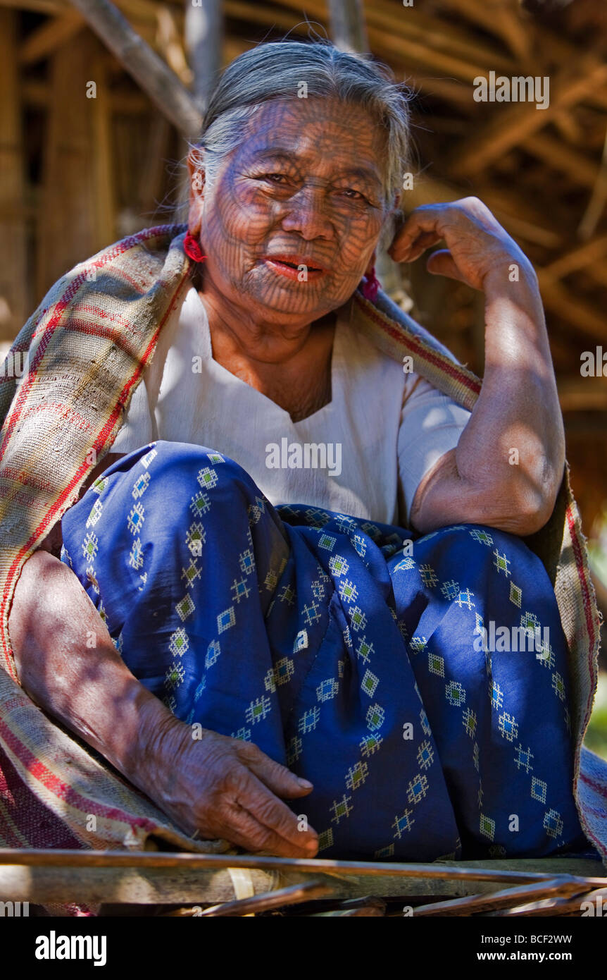 Myanmar, Chin State, Kyi Chaung Village. A Chin woman with tattooed ...
