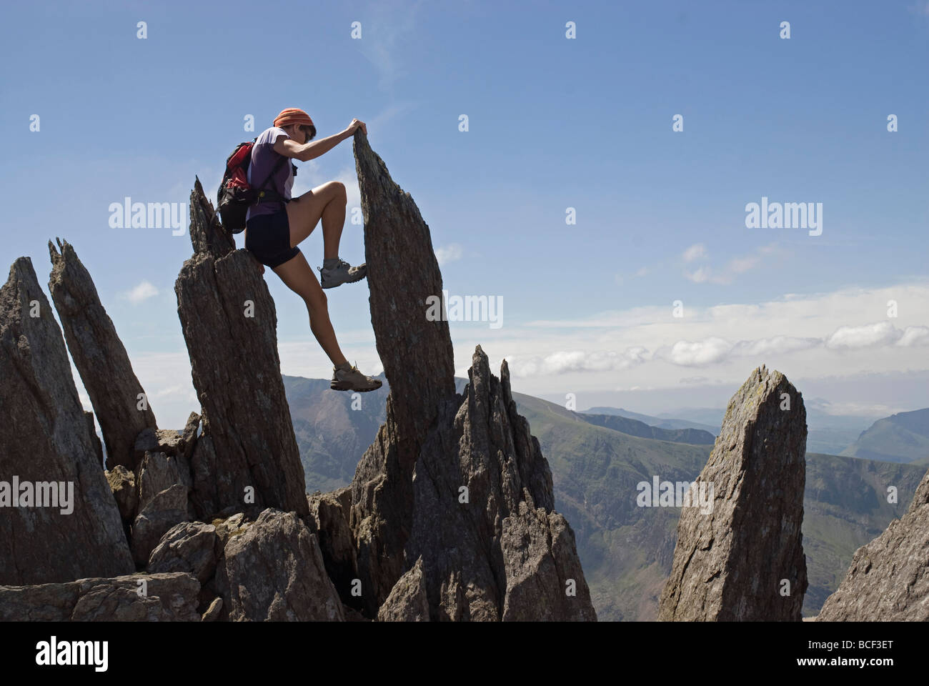North Wales, Snowdonia. Active woman walking and climbing in the Ogwen ...