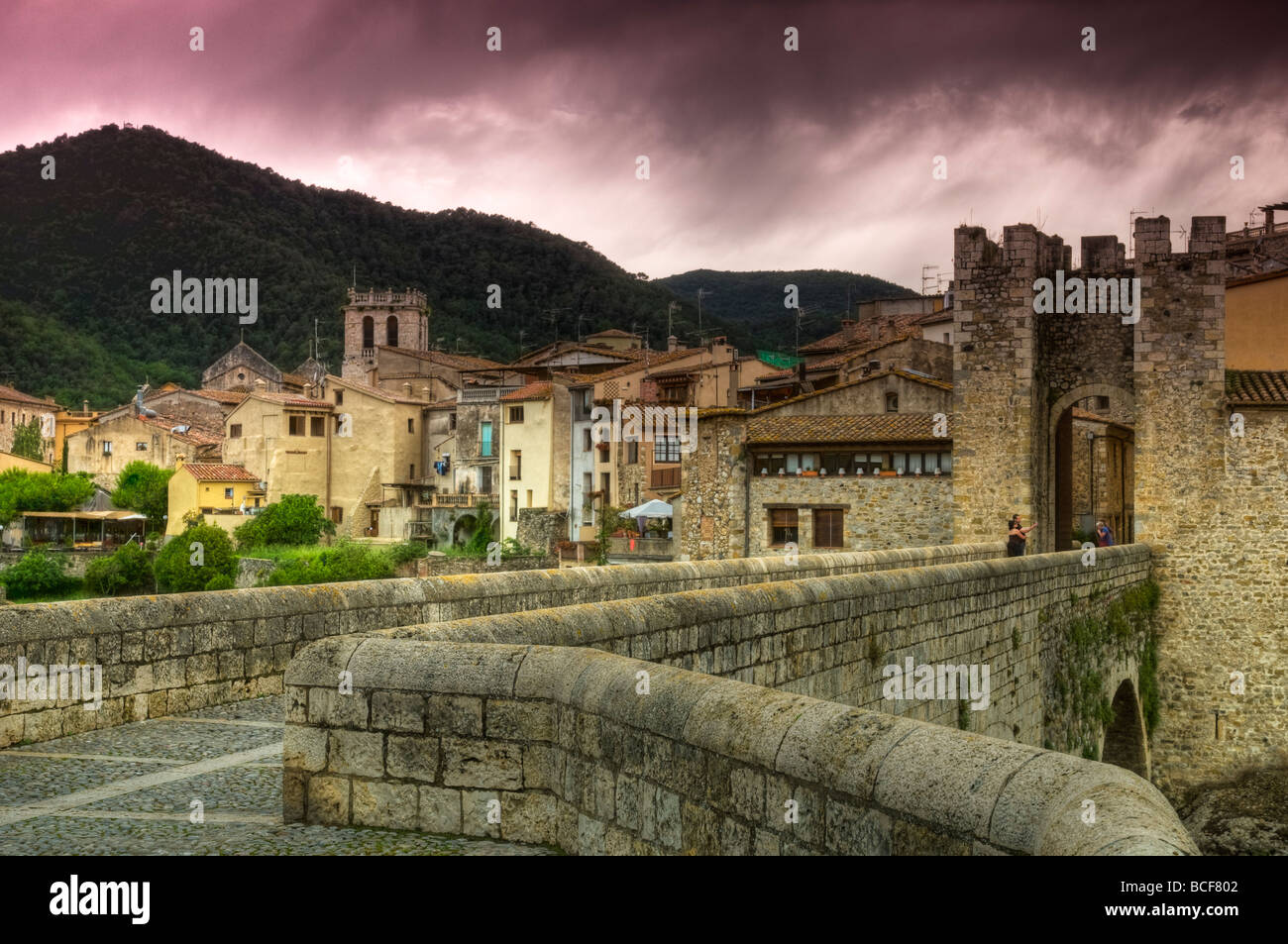 Spain, Catalunia (Catalunya), Besalu, Pont Vell (Old Bridge) over ...