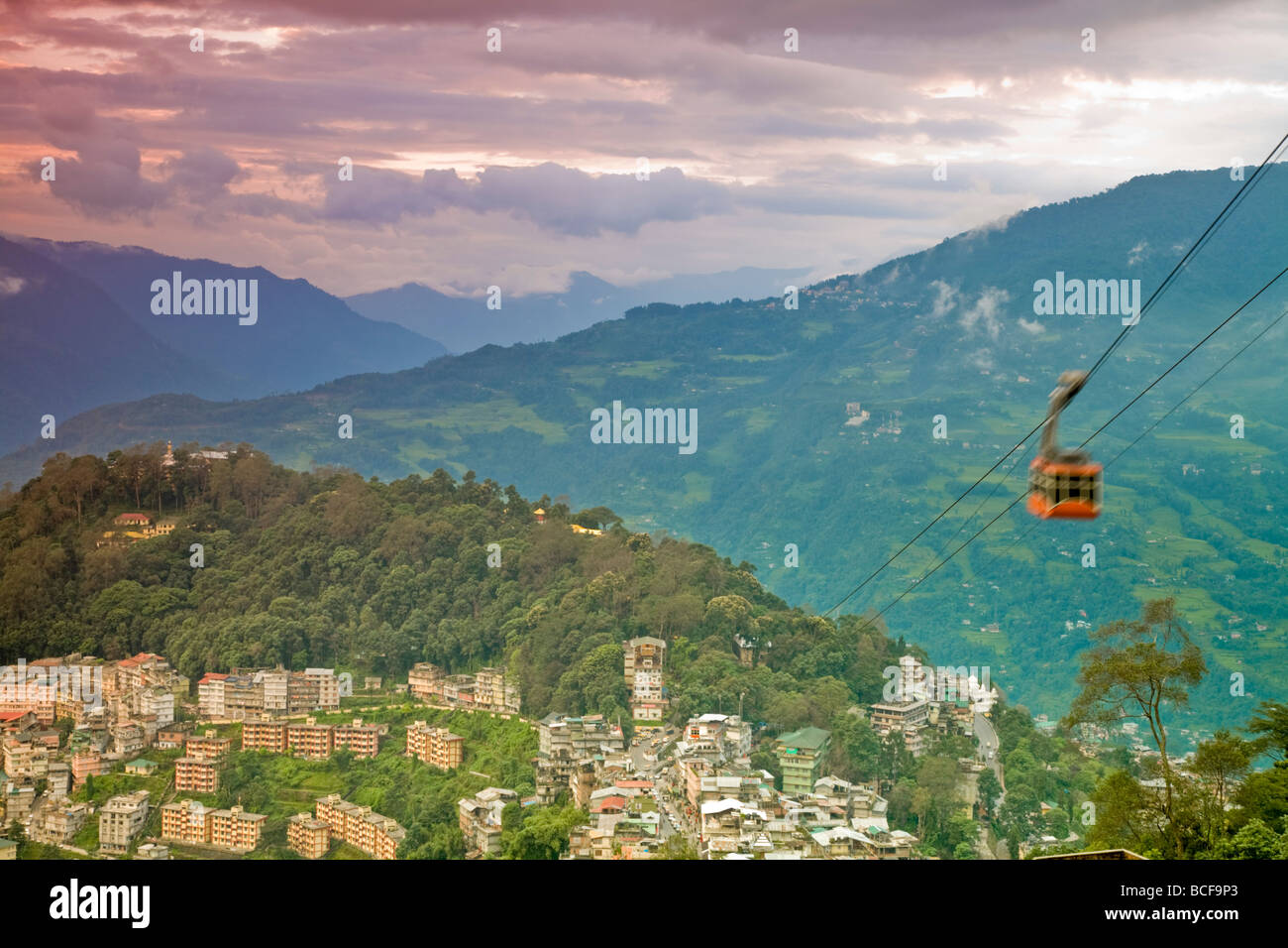 India, Sikkim, Gangtok, View of lower city and Damovar Ropeway Stock ...