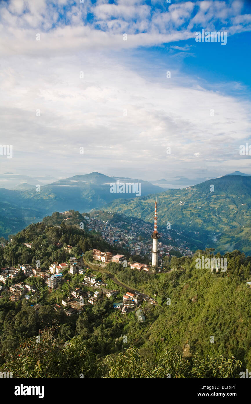 India, Sikkim, Gangtok, View of city and Telecommunications tower from ...
