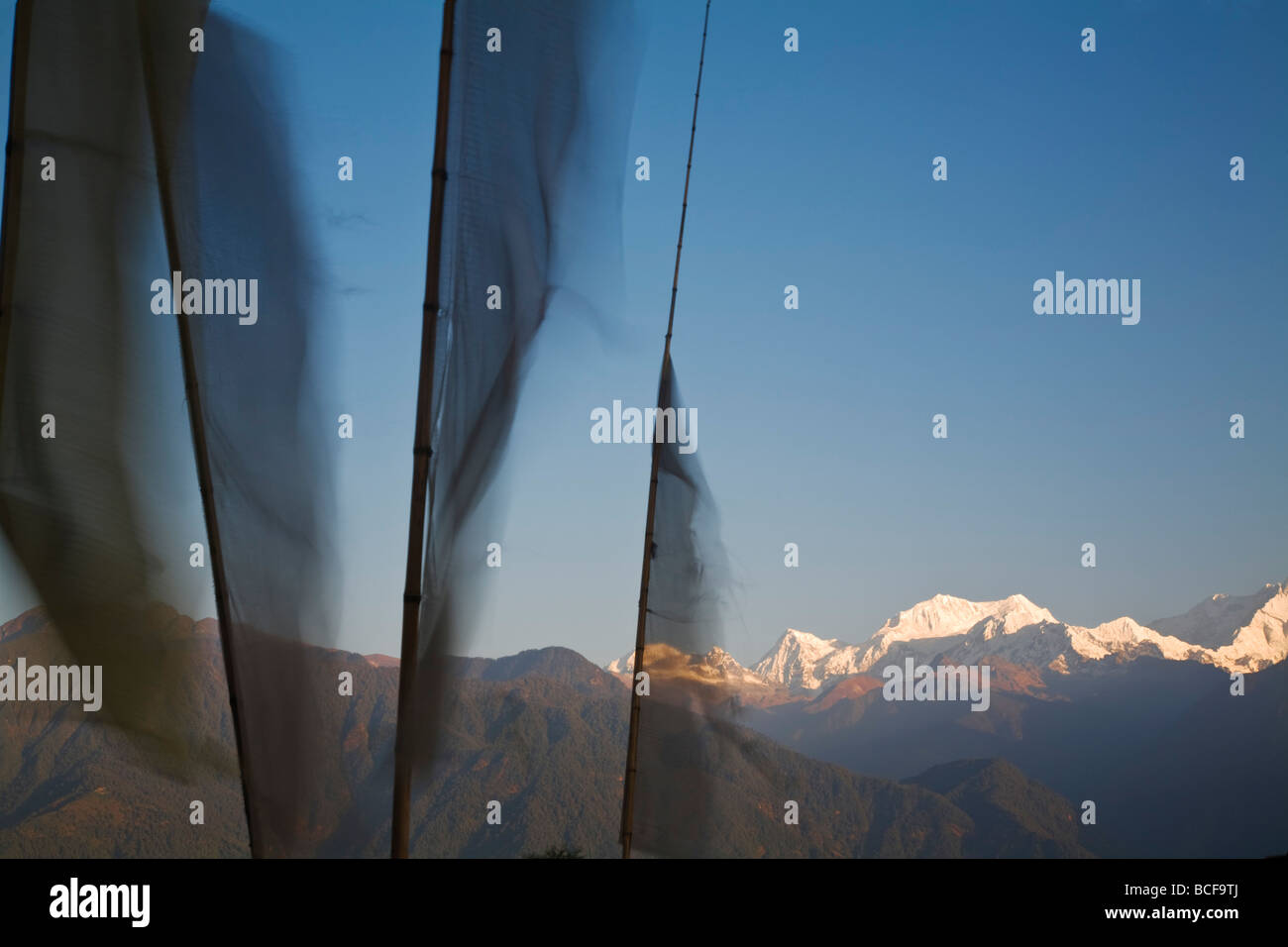 India, Sikkim, Pelling, Upper Pelling, Prayer flags and Kanchenjunga ...