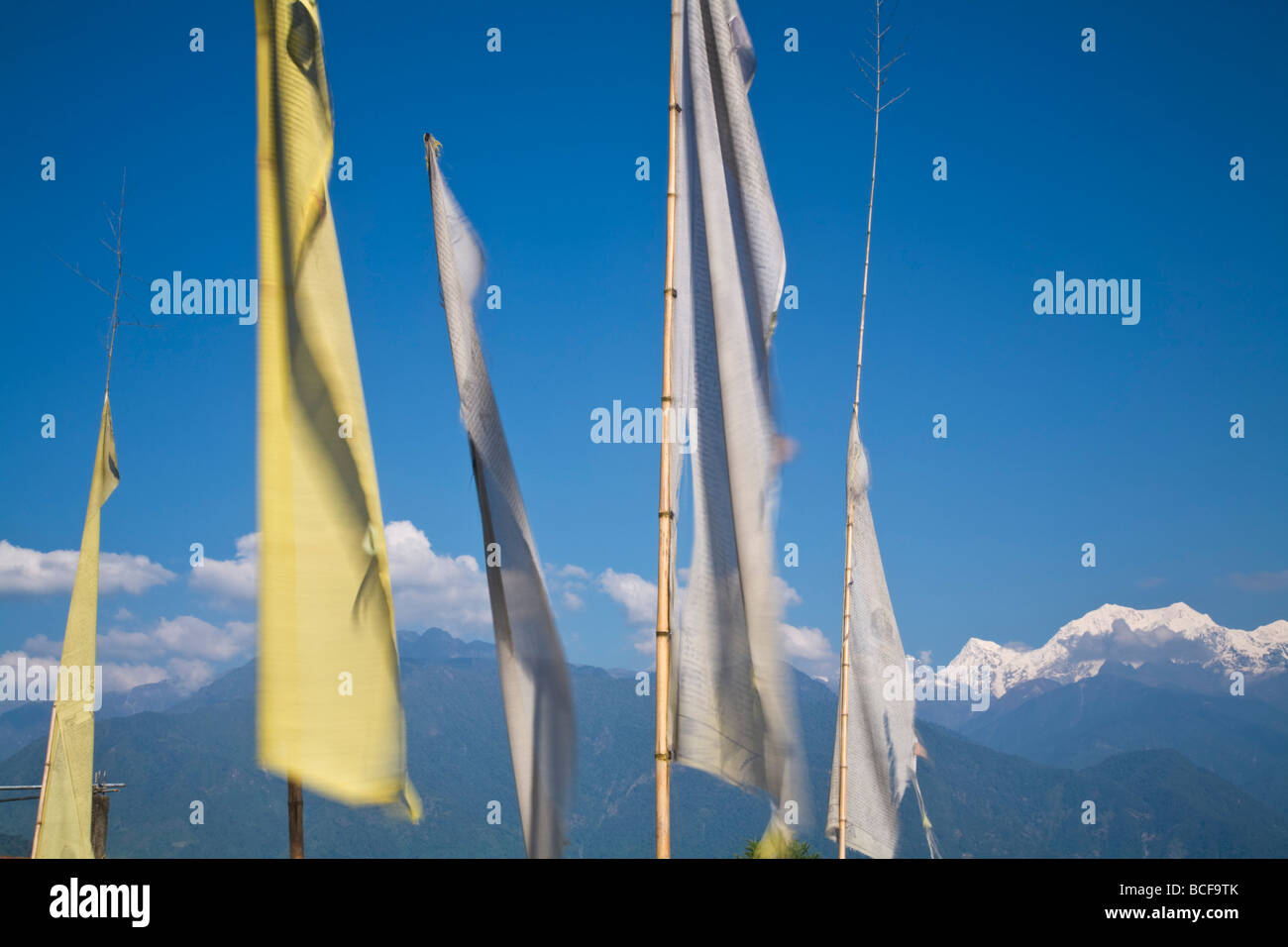 India, Sikkim, Pelling, Upper Pelling, Prayer flags and Kanchenjunga ...