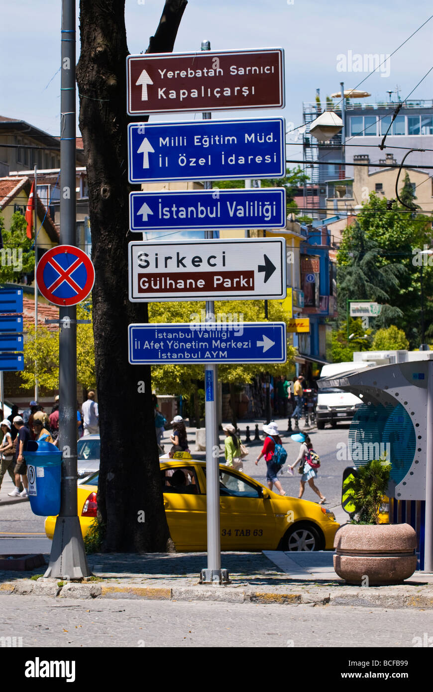 Turkey , Istanbul , Sultanahmet , typical street signs on busy corner ...