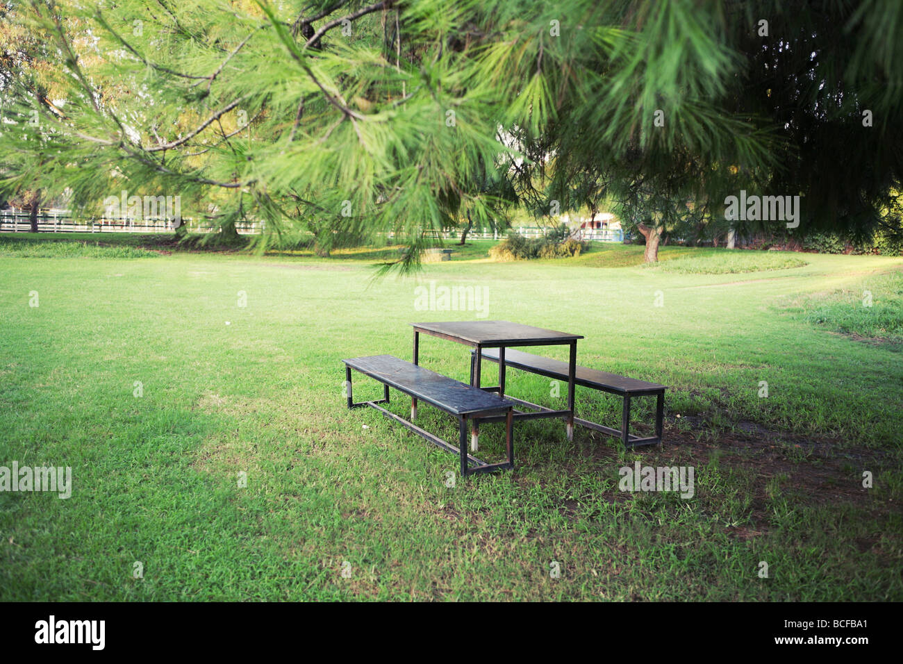 Picnic table in beautiful park Stock Photo - Alamy