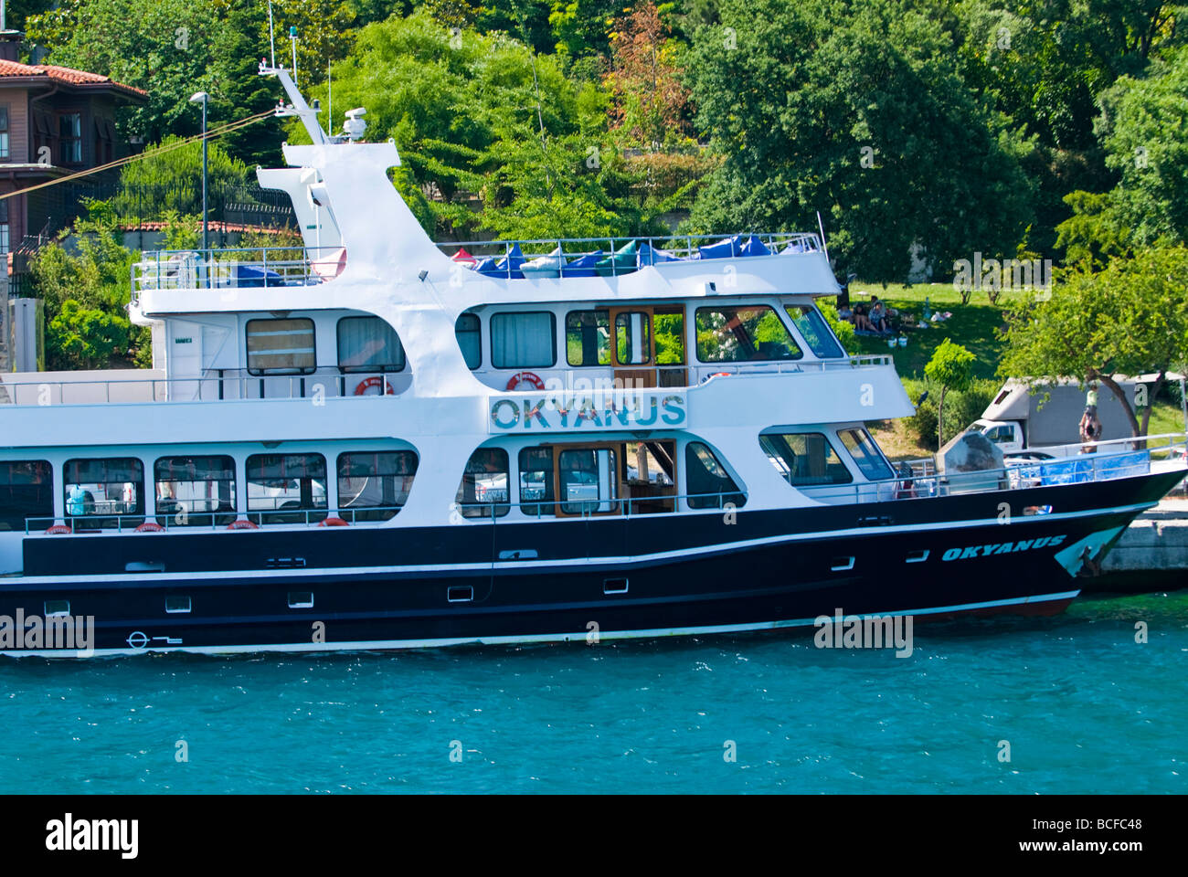 Turkey , Istanbul , Bosphorous or Bogazi , passenger ship with amusing name OKYANUS Stock Photo ...