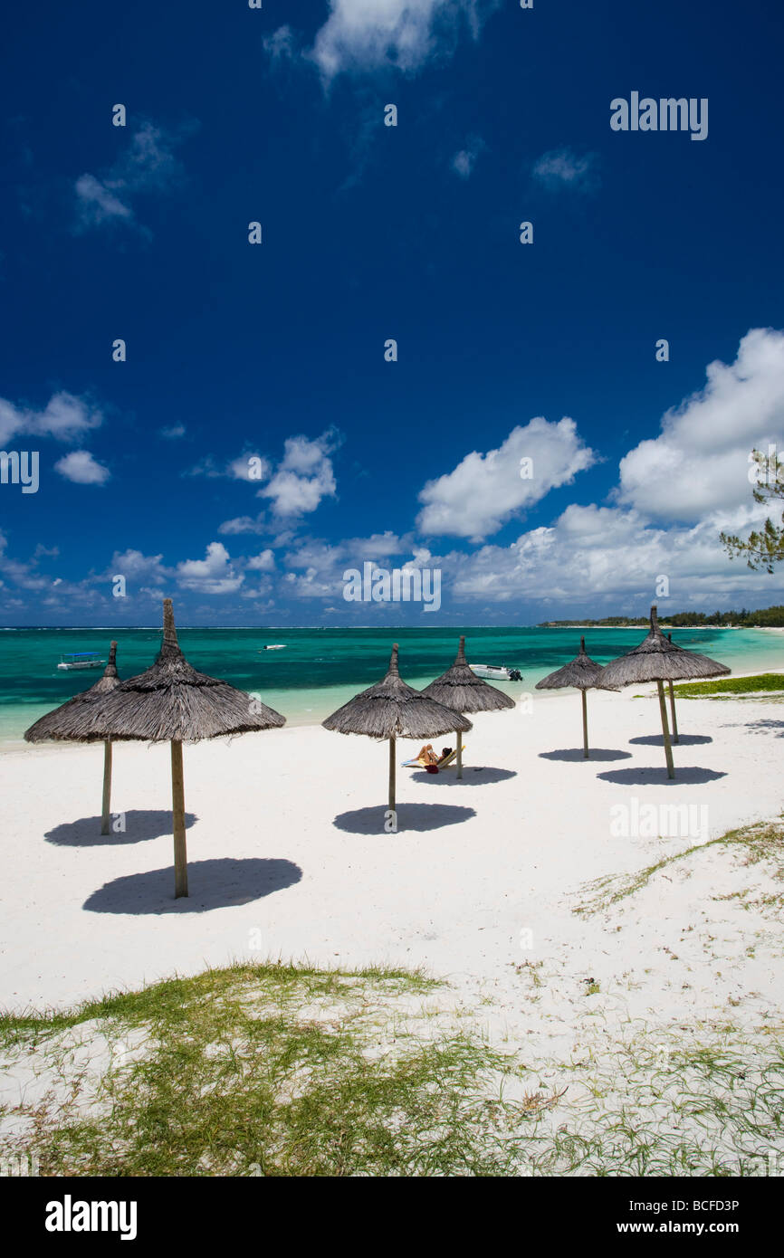 Mauritius, Eastern Mauritius, Belle Mare, beach umbrellas Stock Photo ...
