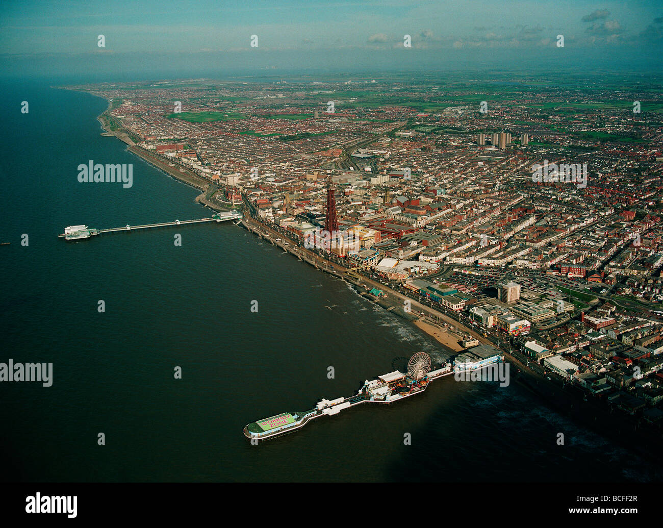 Blackpool Tower seafront and piers Lancashire UK aerial view Stock ...