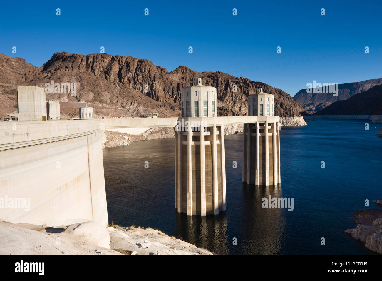 USA, Nevada, Boulder City, Hoover Dam, Cooling Towers on Lake Mead ...
