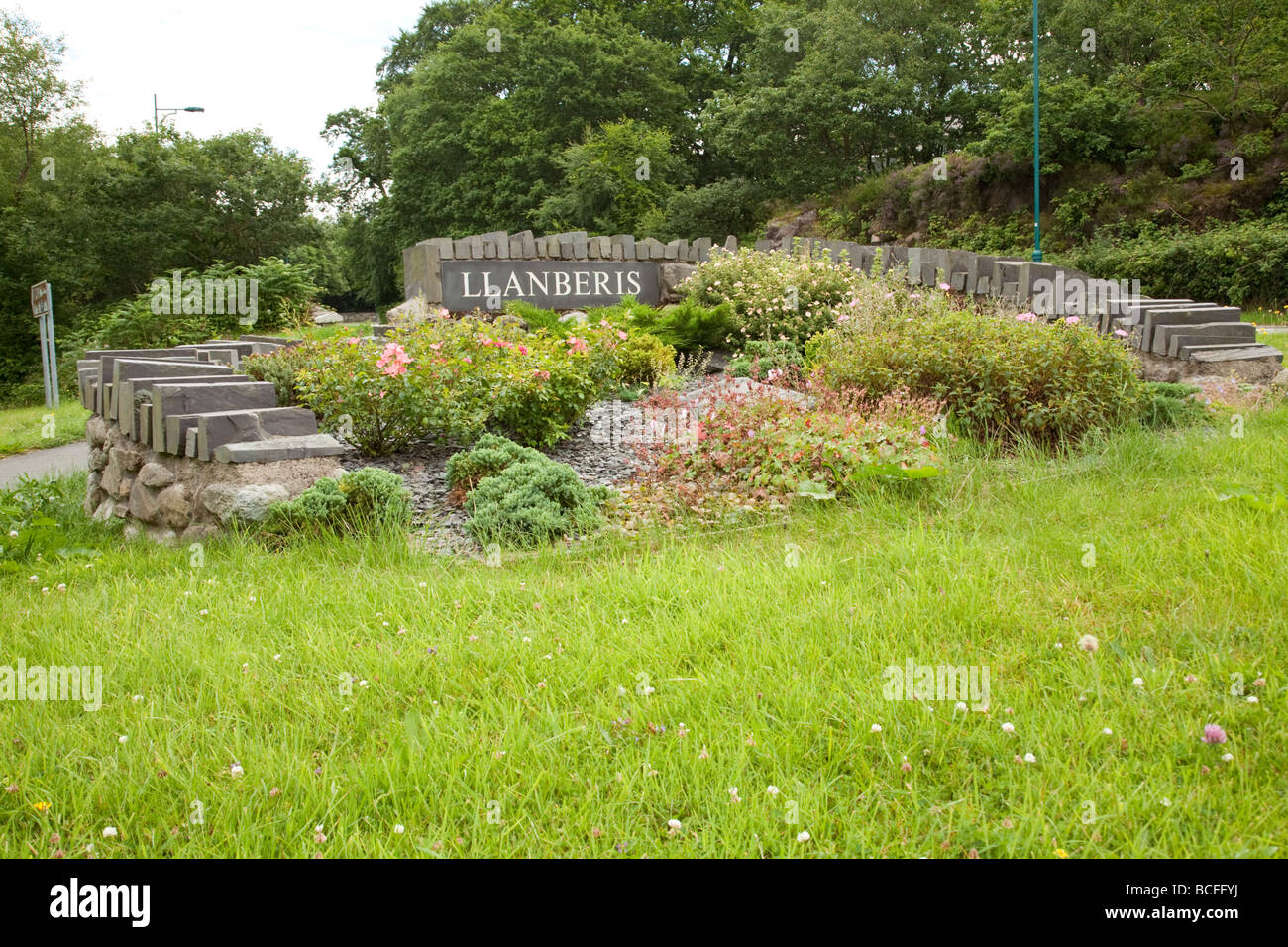 Llanberis name sign on the road at the village entrance Snowdonia North ...