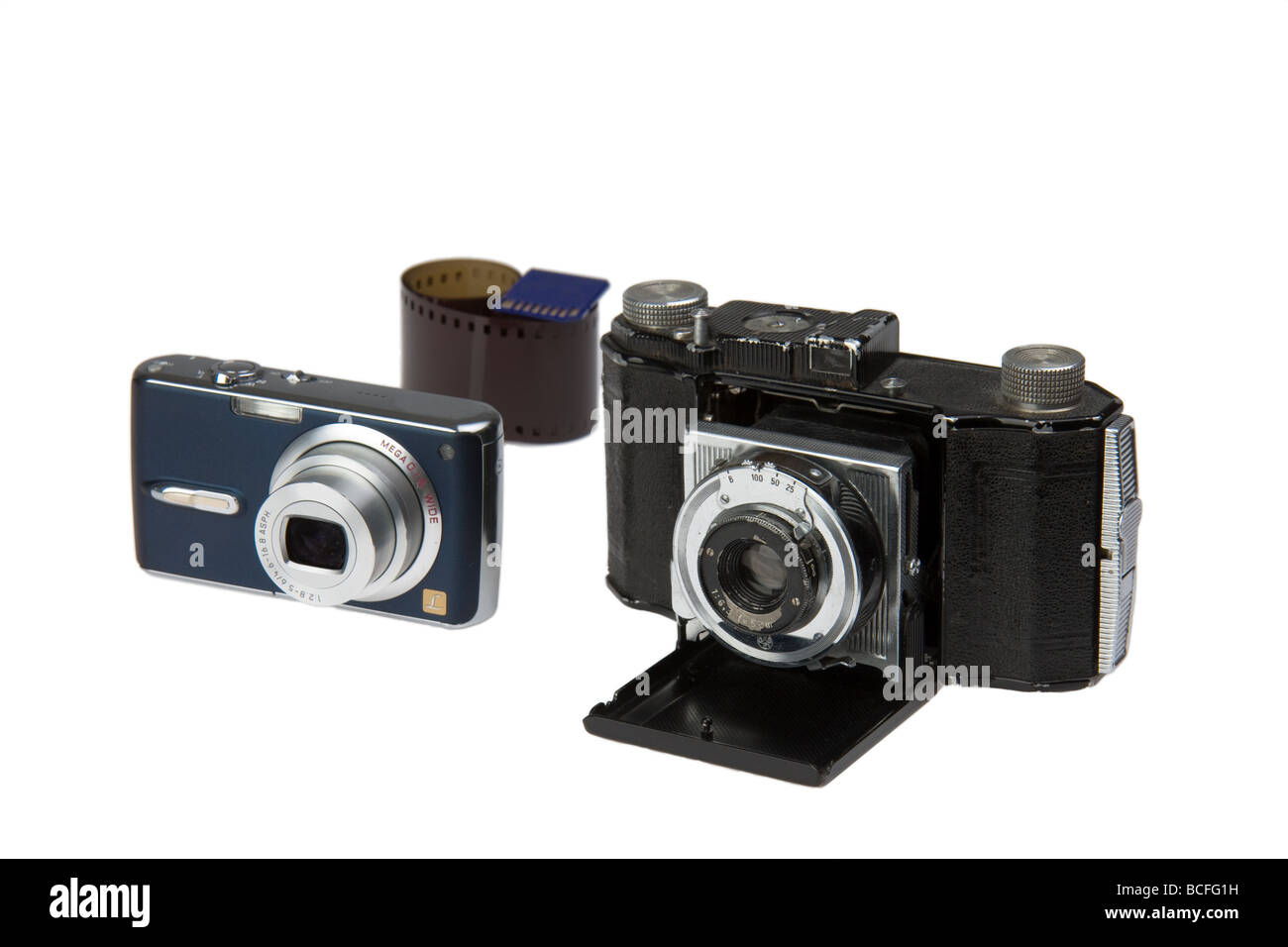 old and new photo camera on white background Stock Photo - Alamy