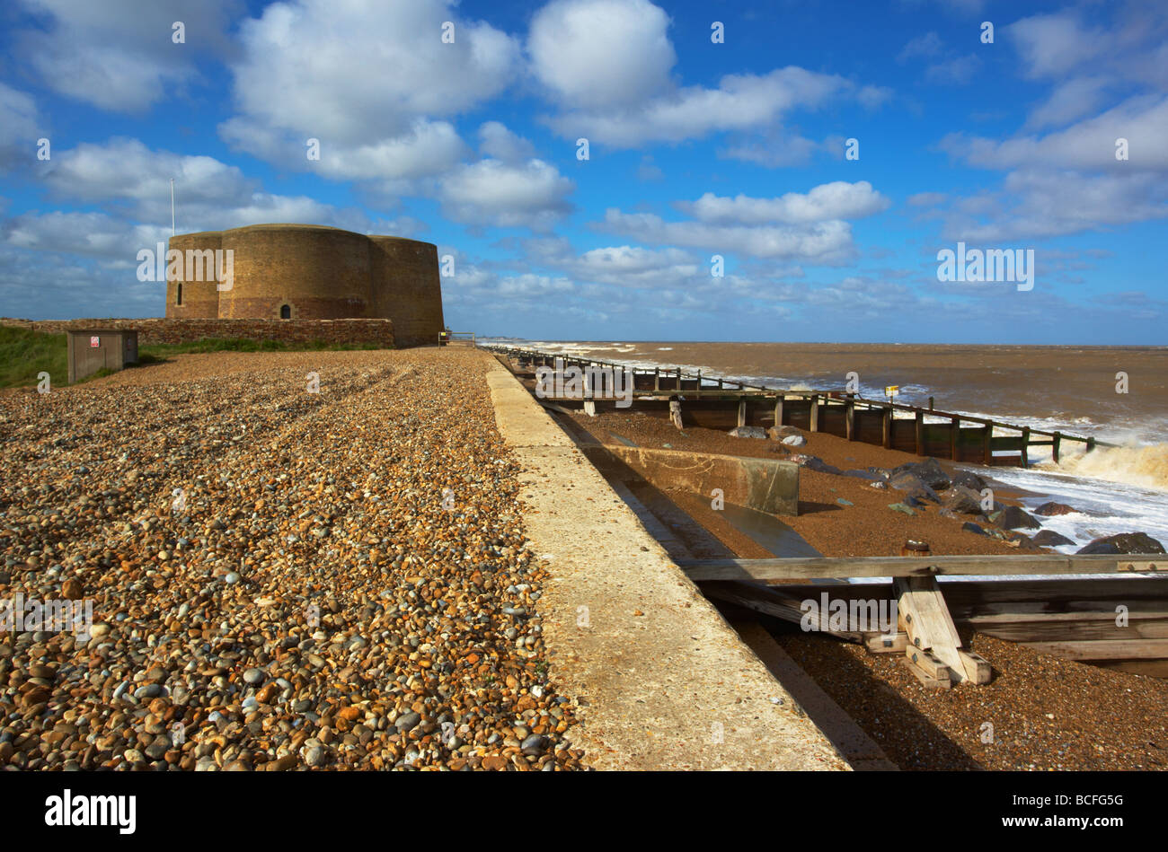 The Southern end of Aldeburgh beach showing a Martello Tower Suffolk ...