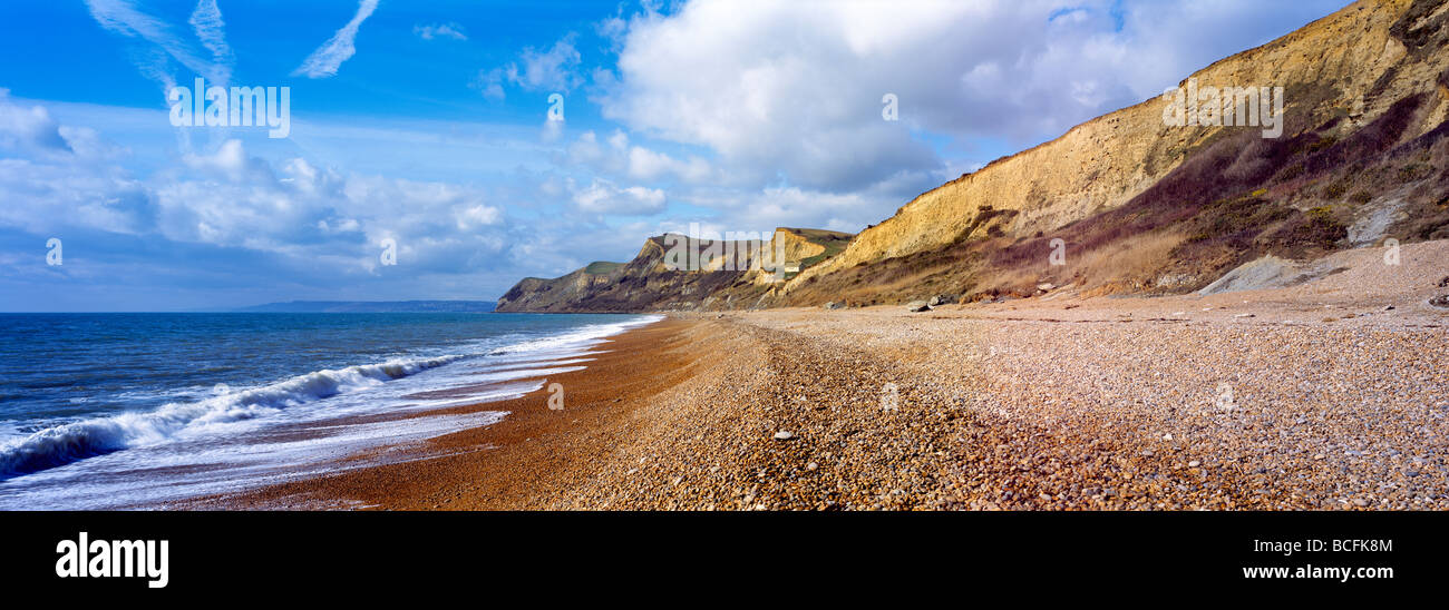 The beach and cliffs at Eype's Mouth on the Dorset Jurassic coastline ...