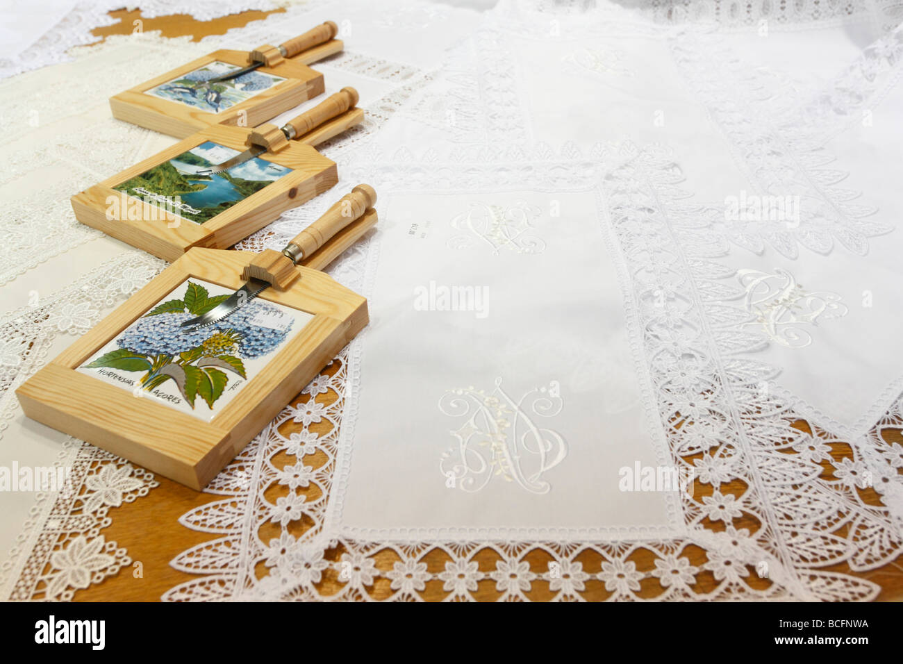 Traditional embroidered linens and souvenirs for sale. Sao Miguel ...
