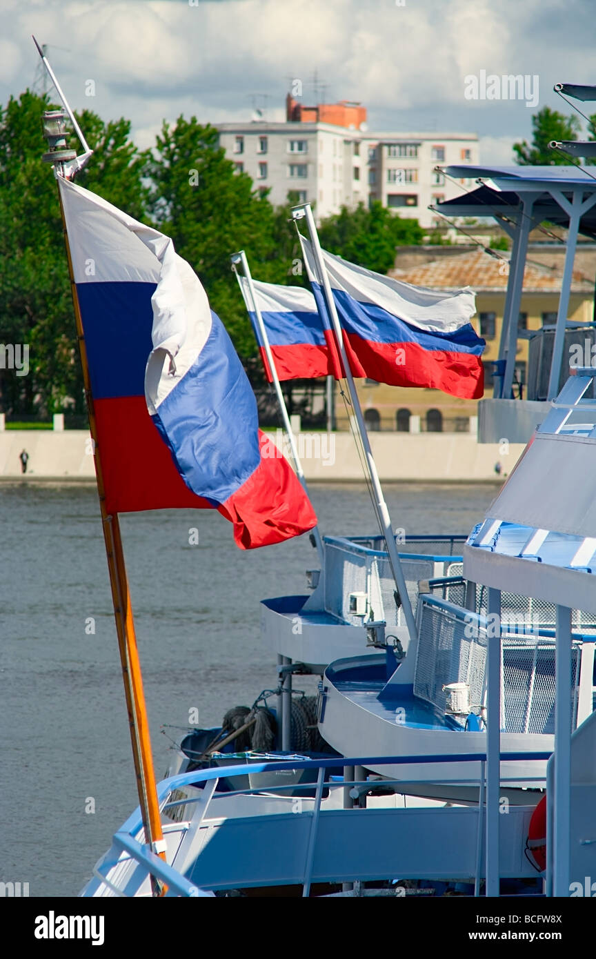 Russian flags on boards of ships. Cruise liners Stock Photo - Alamy