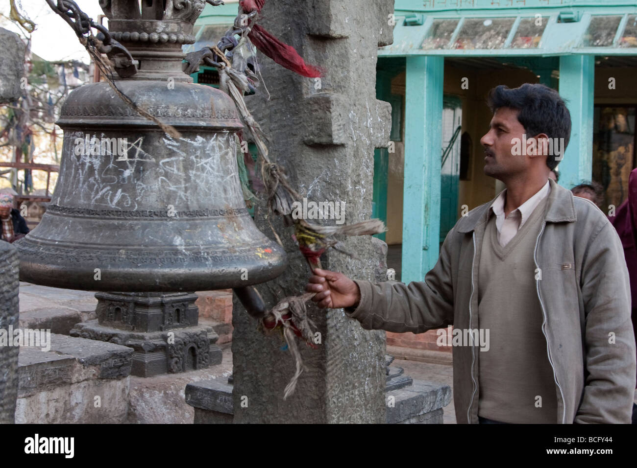 Kathmandu Nepal Nepali Worshipper Rings a Bell at Swayambhunath Temple ...