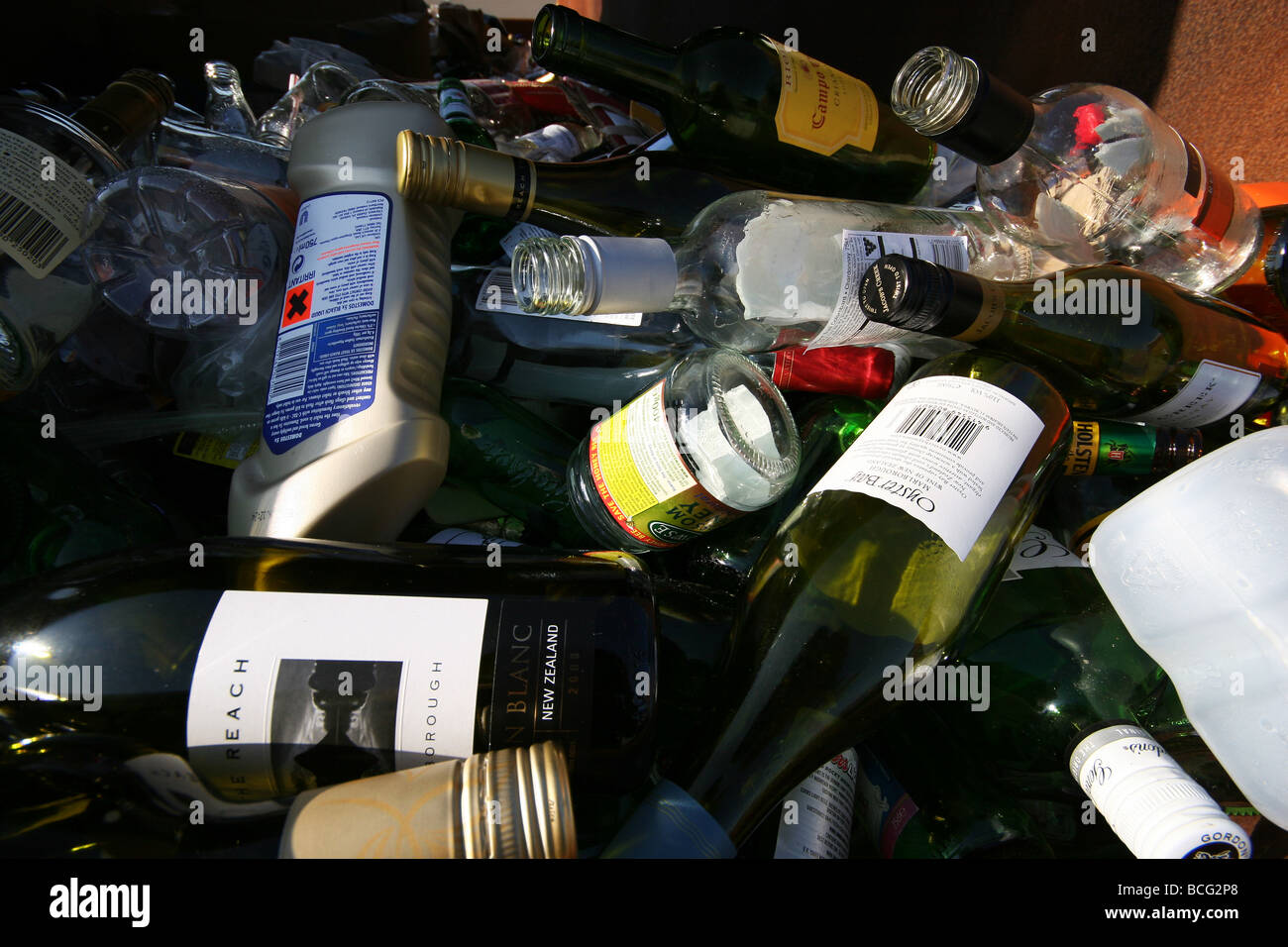 Broken and discarded bottles outside a public house for recycling Stock ...
