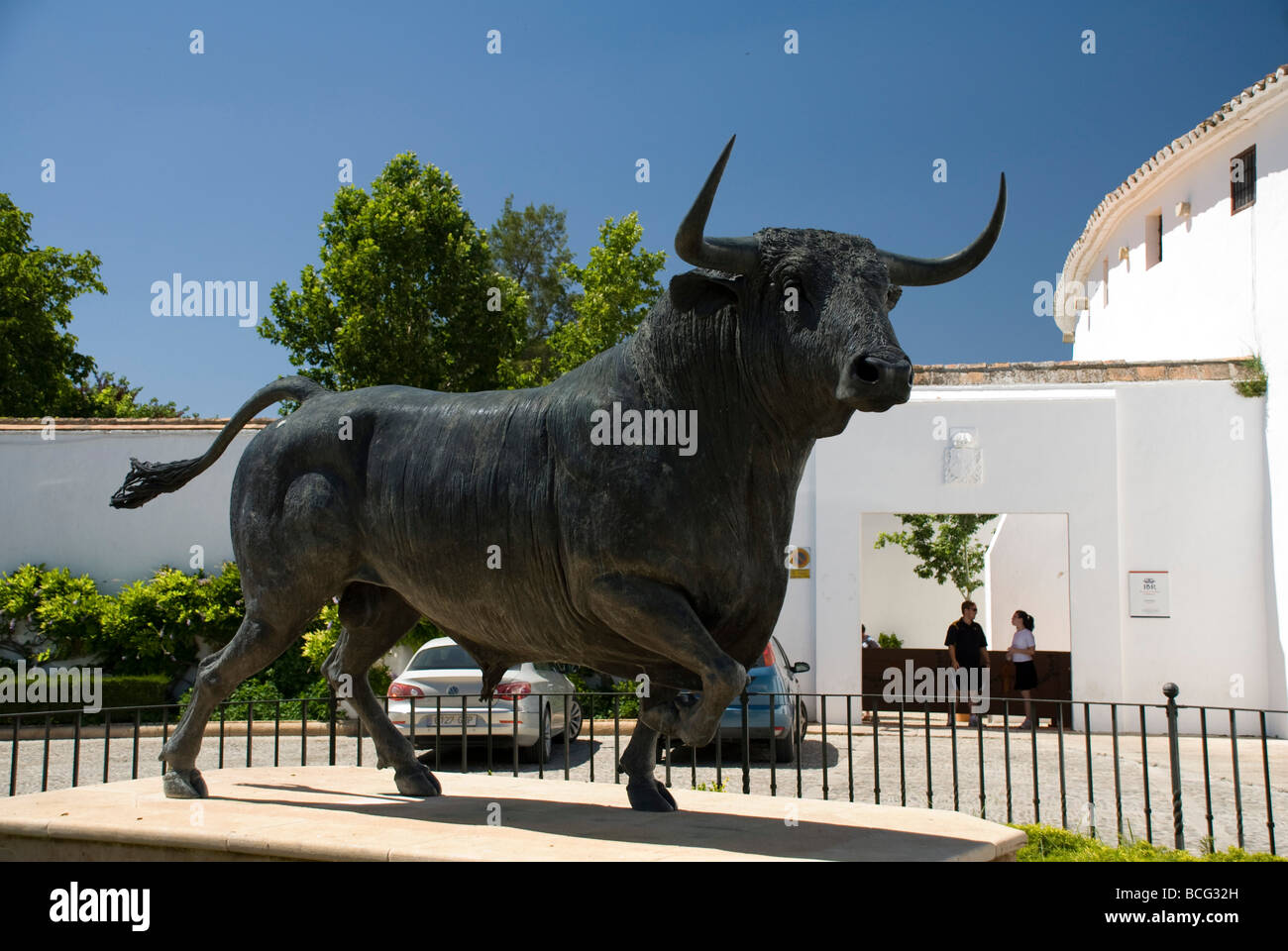 Ronda town statue of bull outside the oldest bullring in Spain, Ronda ...