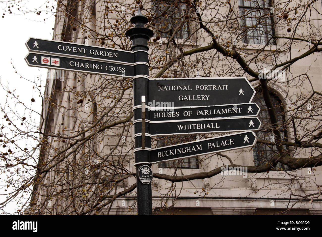 Pedestrian signpost indicating directions to places of interest in ...