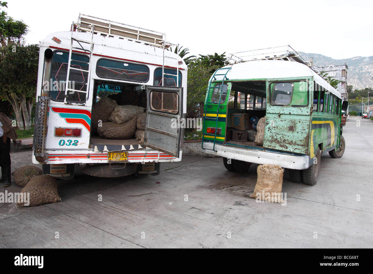 old buses used to carry potatoes. San Mateo, Boyacá, Colombia, South ...