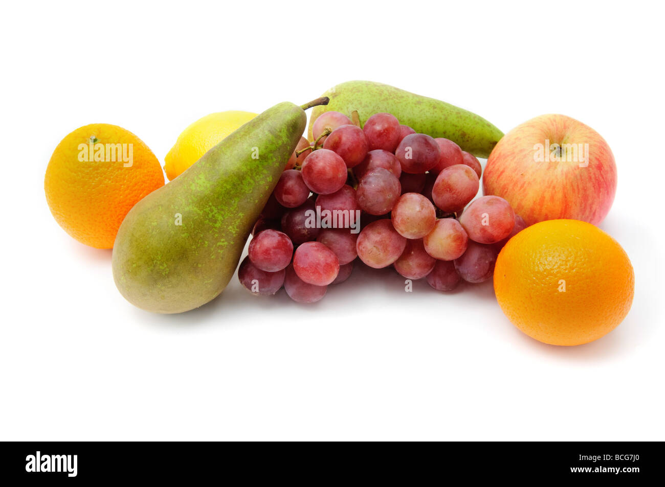 fruits pears apple grape lemon orange over white Stock Photo - Alamy