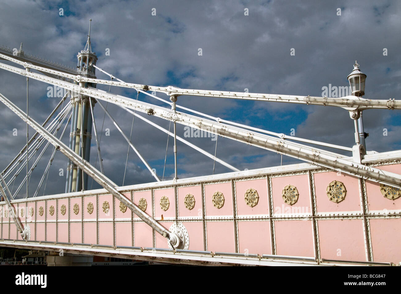 UK. Albert Bridge linking Battersea and Chelsea over the Thames. London ...