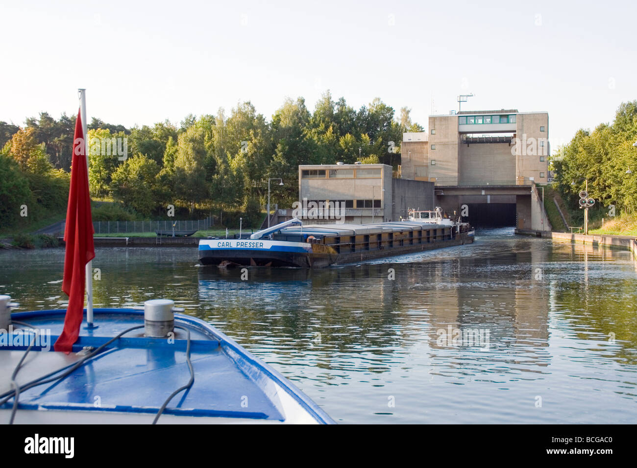 Barge leaving lock on the Main River in Franconia Region of Bavaria ...