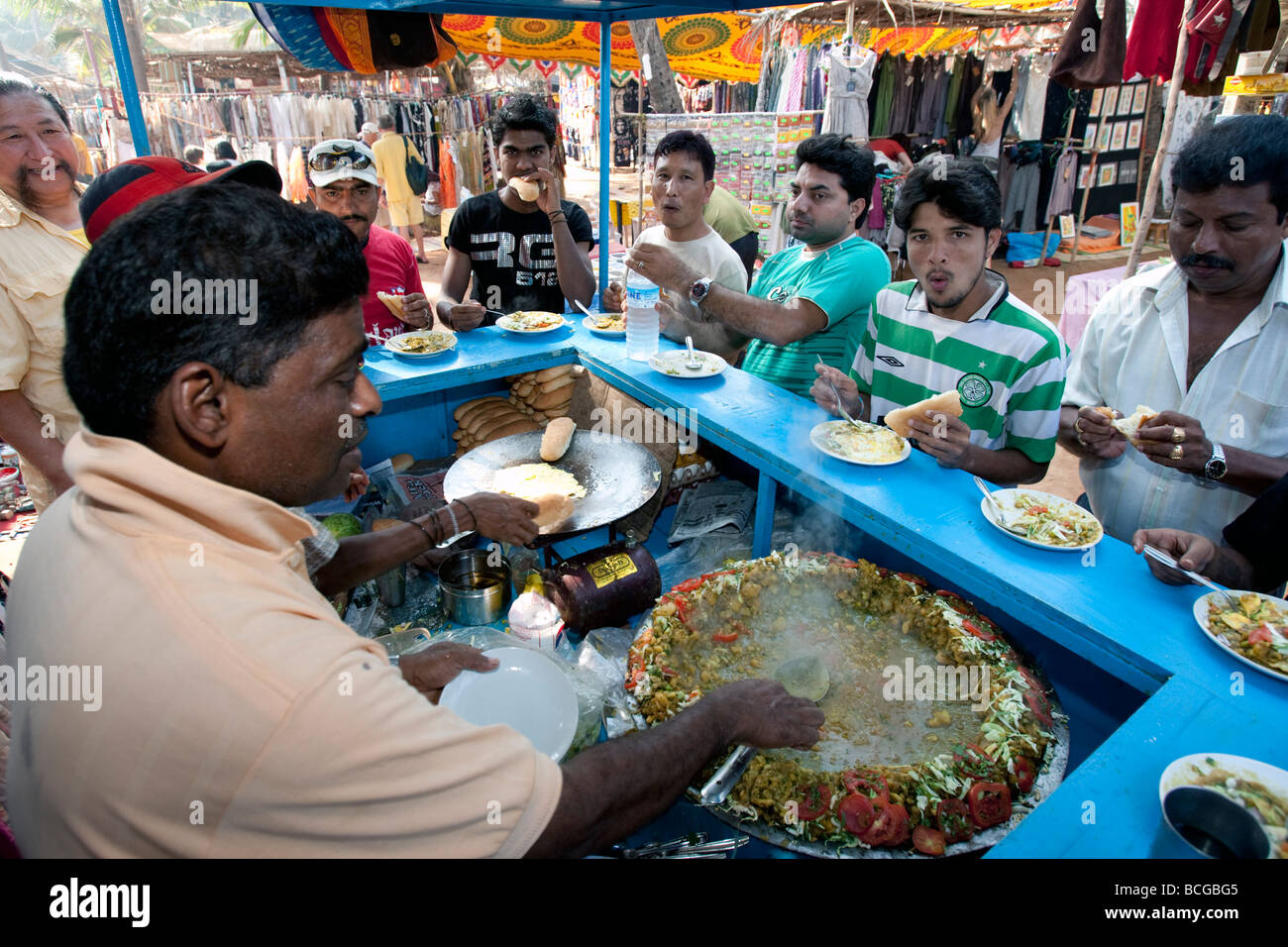 Indian snack stall Anjuna weekly hippy flea market Goa India Stock ...