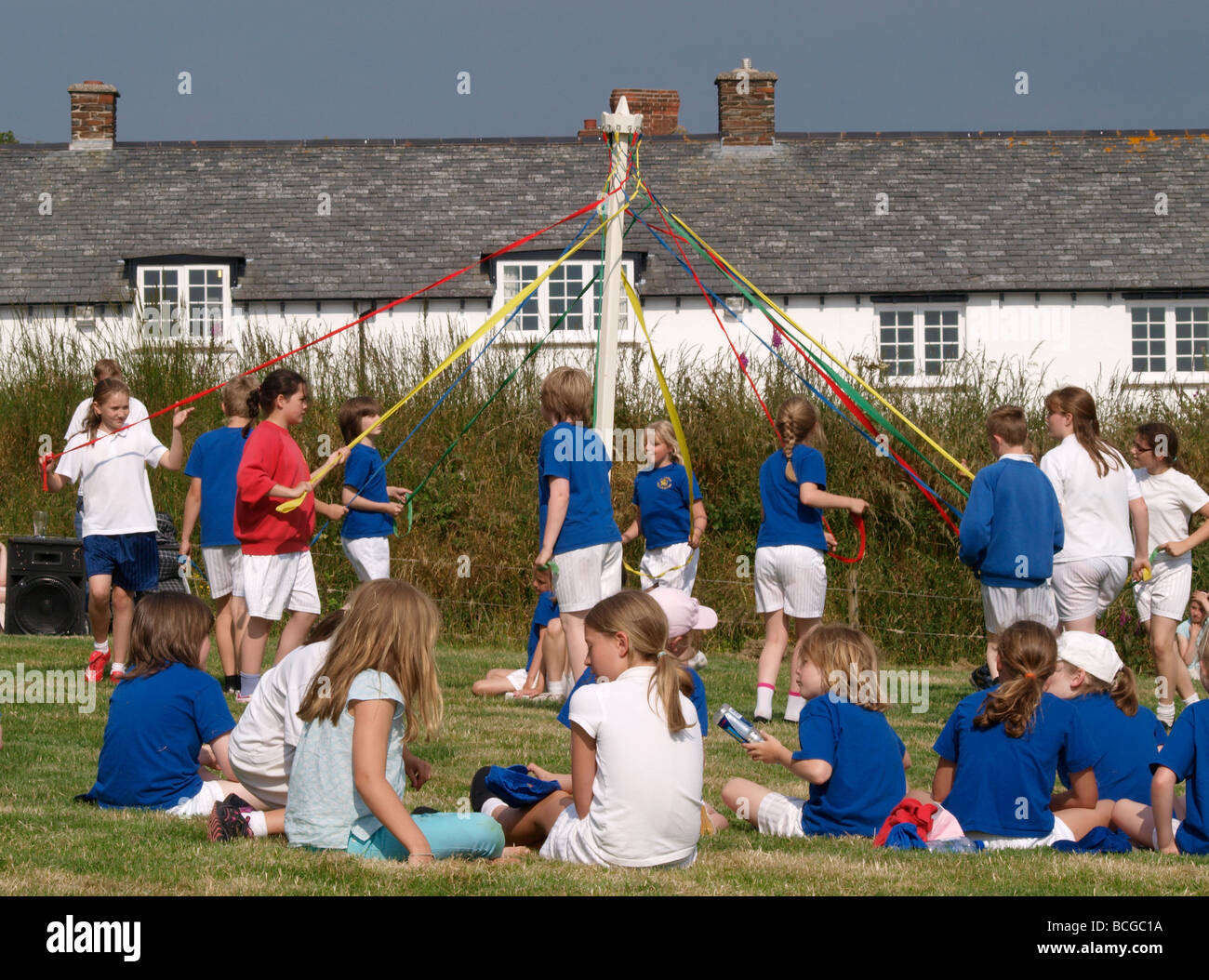 Children maypole dancing, Morwenstow School, Bude, Cornwall Stock Photo ...