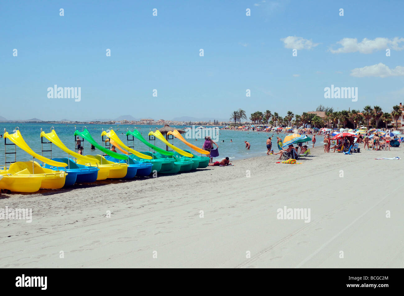 The Pedalo slides on the beach at Los Alcazares, Mar Menor Costa Calida ...