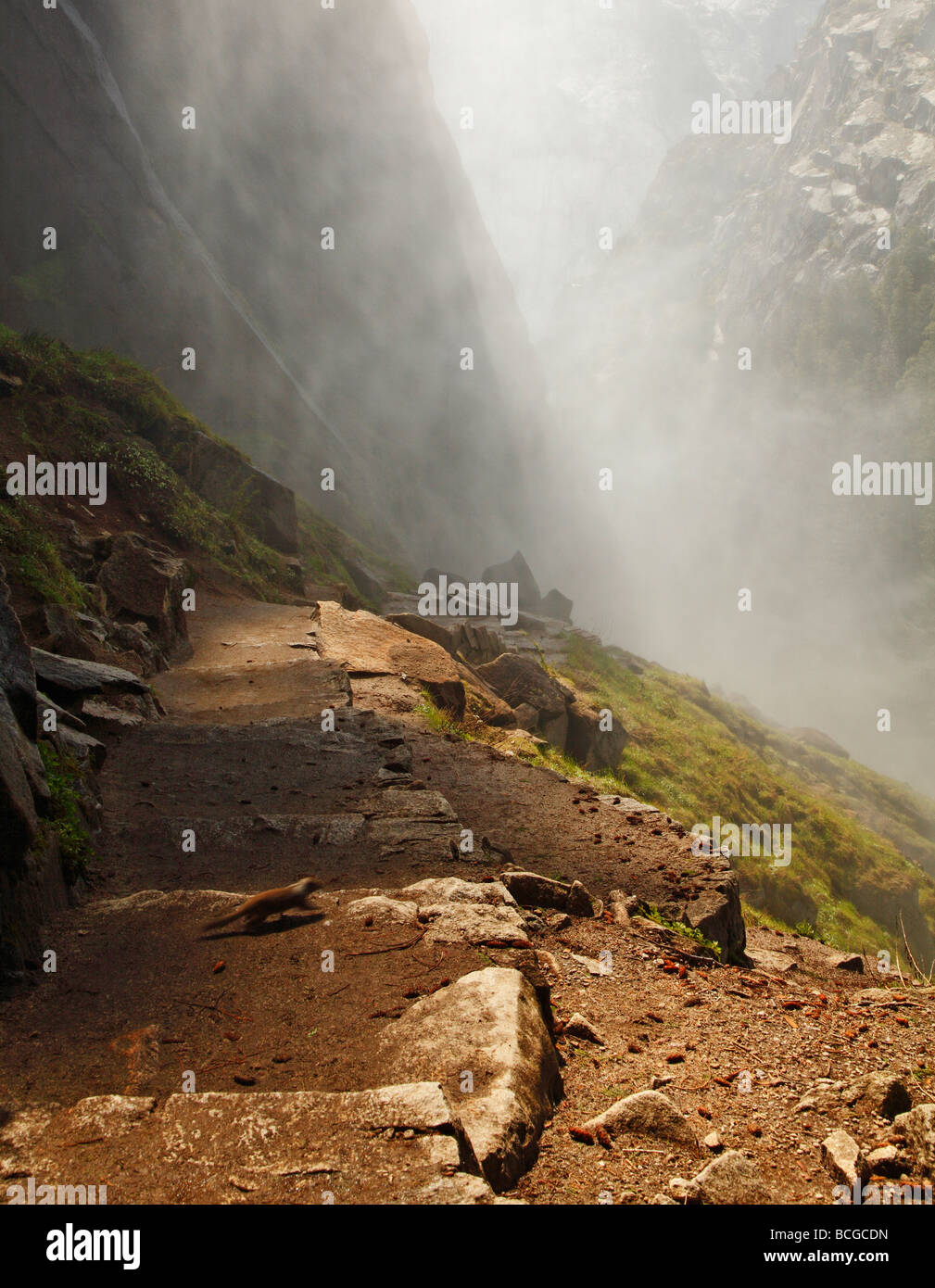 Steep footpath into waterfall mist Nevada Falls Yosemite Stock Photo ...
