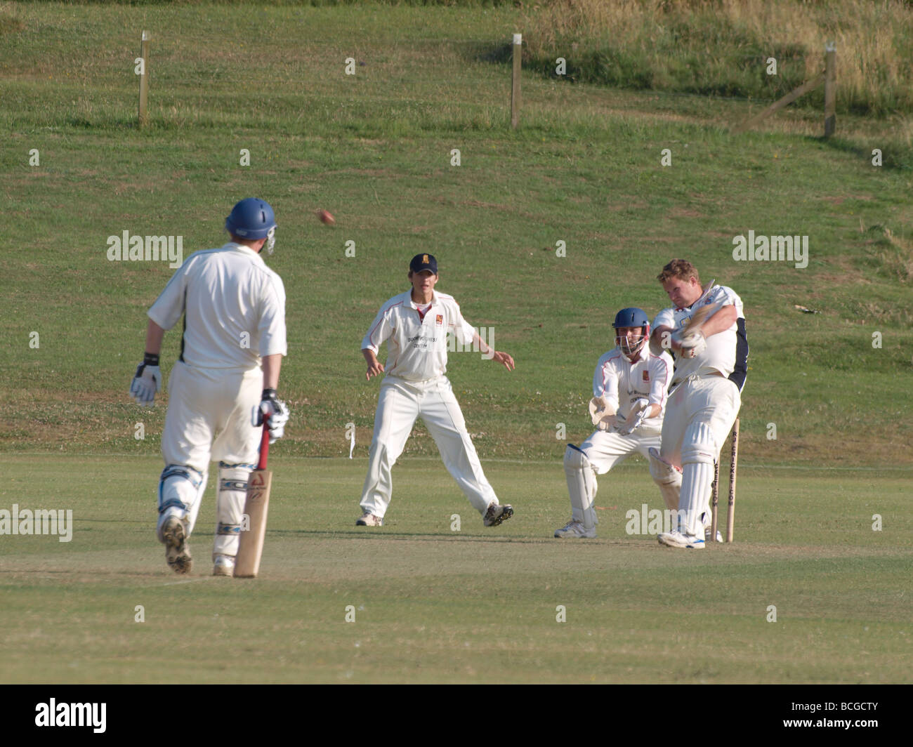 Batsman slogging the ball Amateur cricket match Bude Cornwall Stock ...