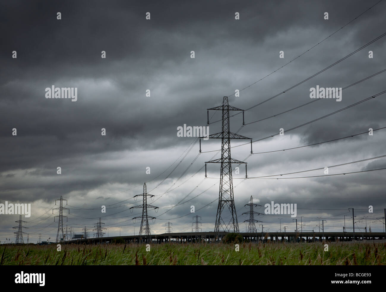 Electricity pylons at Rainham Marshes Essex Stock Photo - Alamy