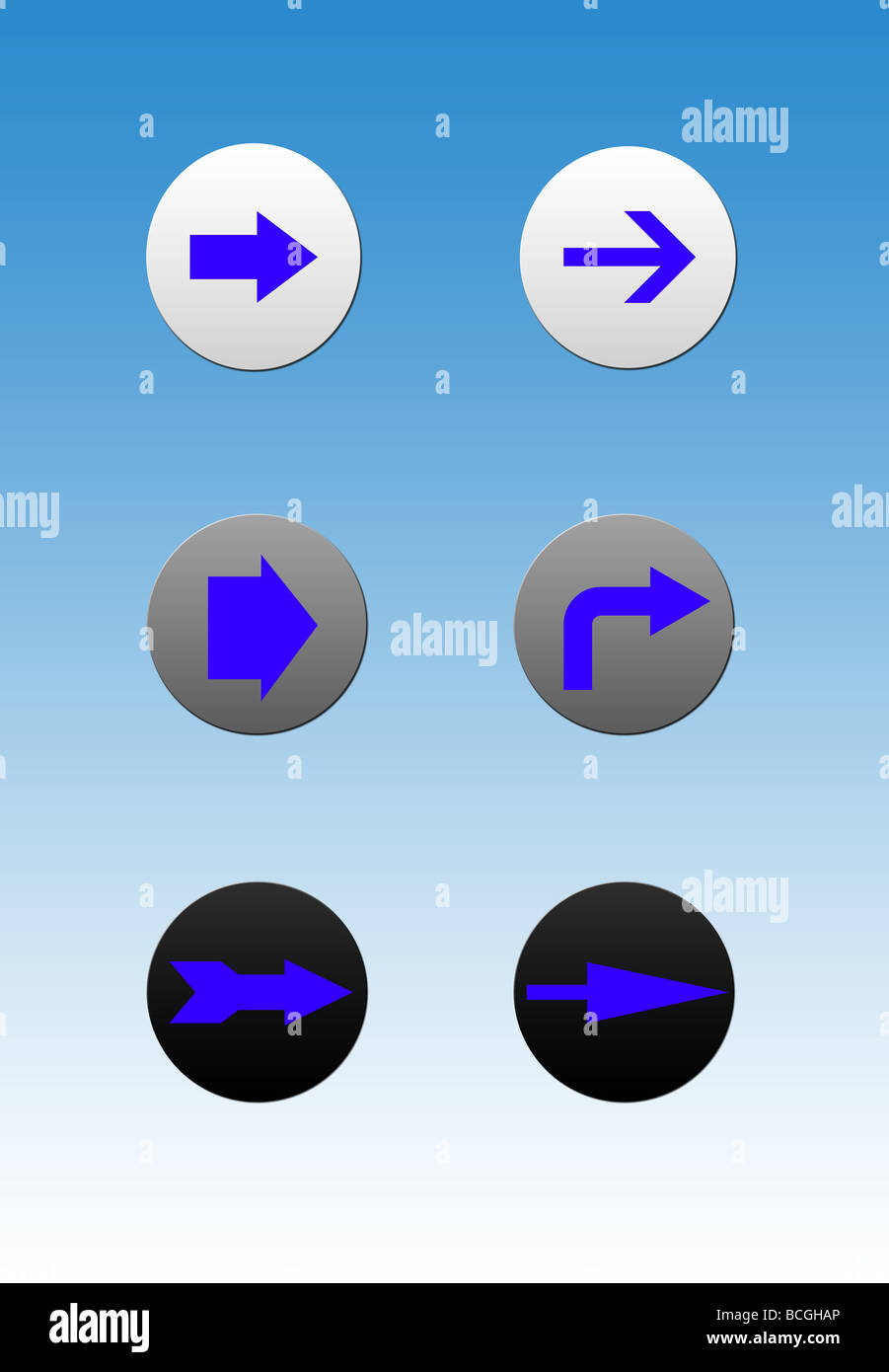 Set of six directional buttons on blue sky background Stock Photo - Alamy