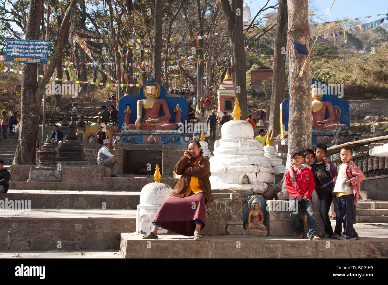 Kathmandu, Nepal. Statues of the Buddha Guard the Stairs Leading to the ...