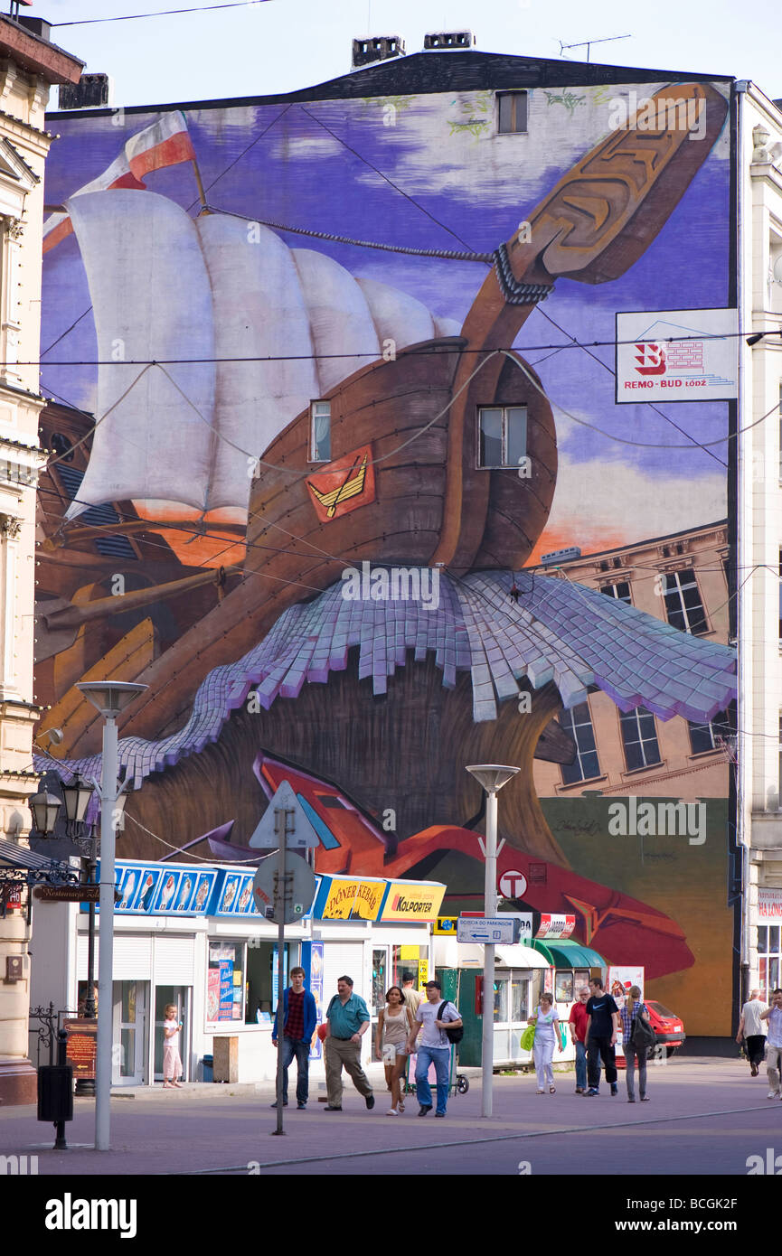 Mural on the wall and street scene Piotrkowska Street Lodz Poland Stock ...