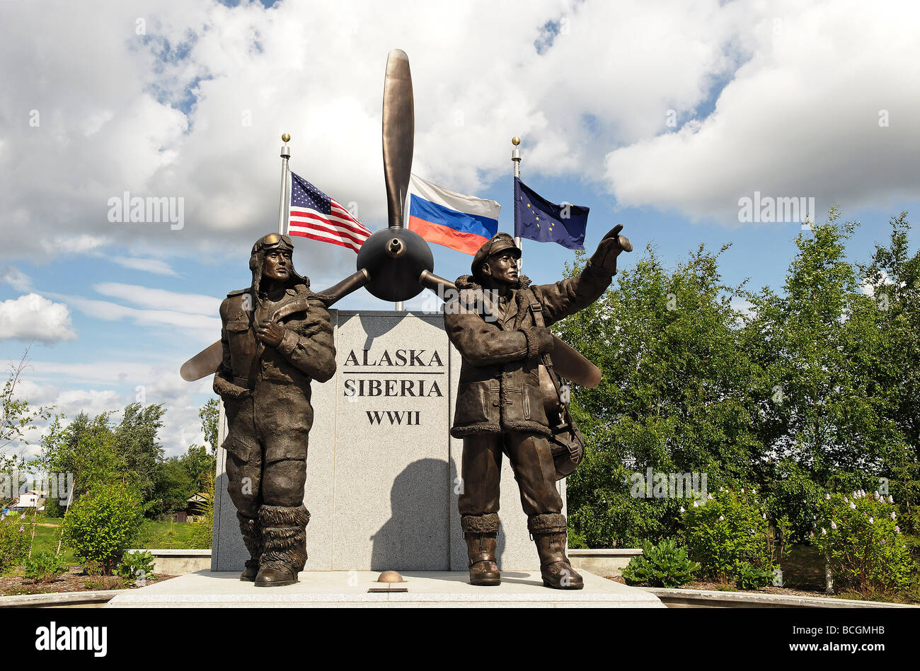 Alaska Siberia Lend Lease statue memorial Fairbanks, Alaska, USA Stock ...
