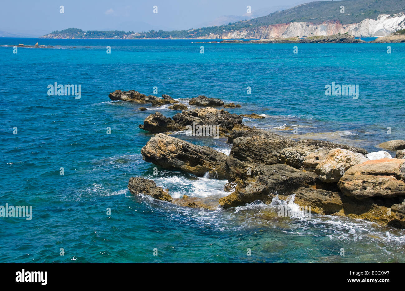 Rocky outcrop at Ammes beach on the Greek island of Kefalonia Greece GR ...
